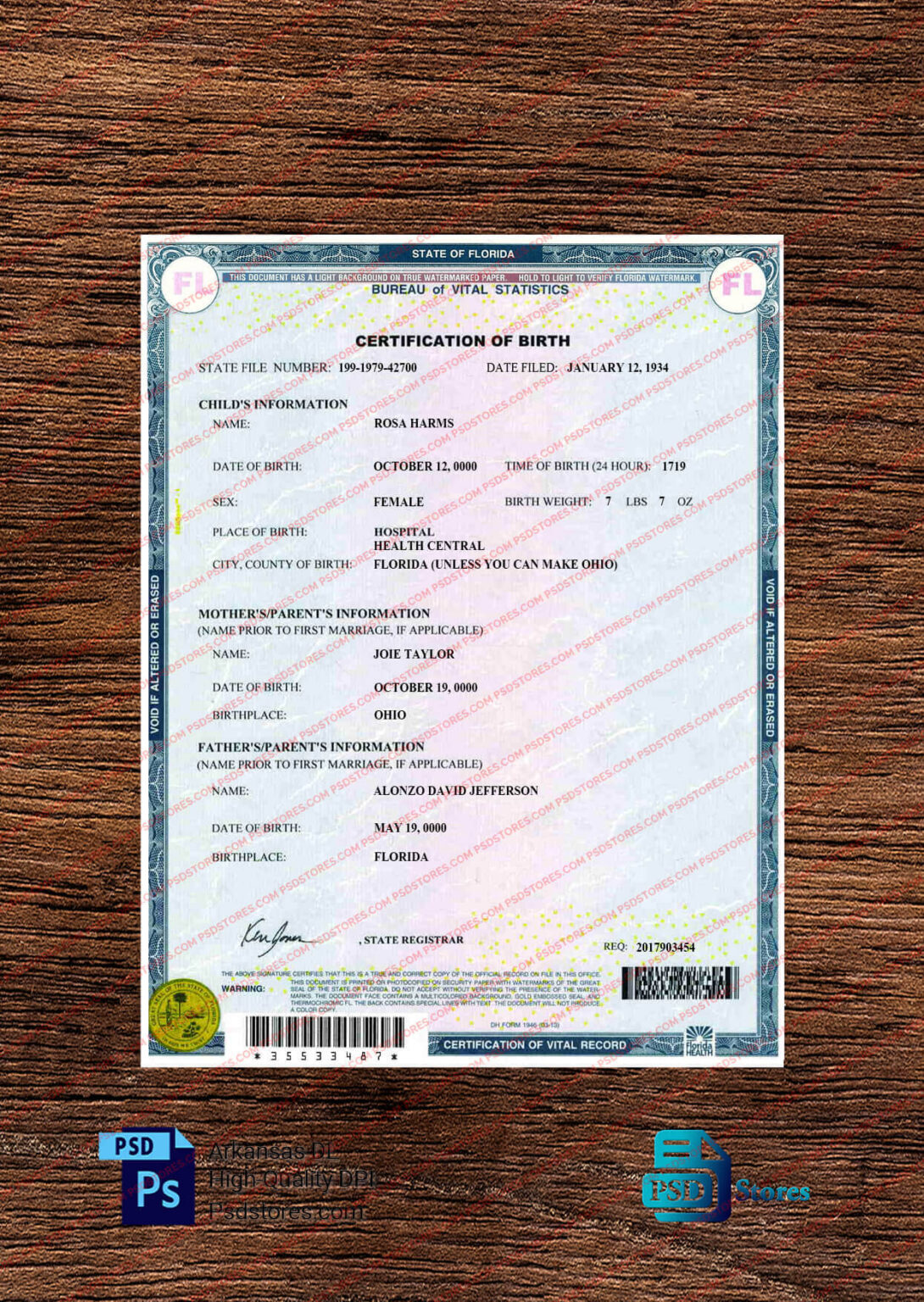 Florida Birth Certificate Template - PSD Stores