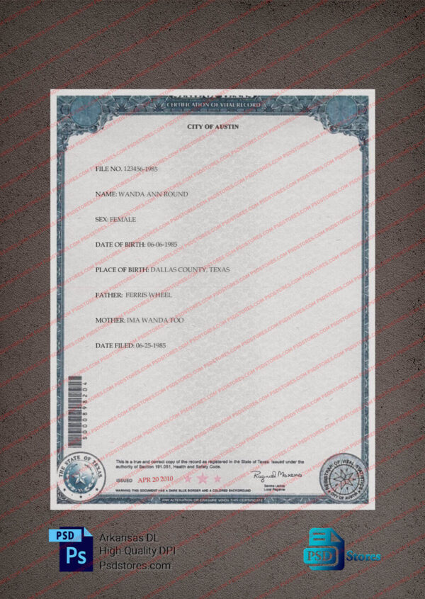 City Of Austin Birth Certificate Template (V2) - PSD Stores
