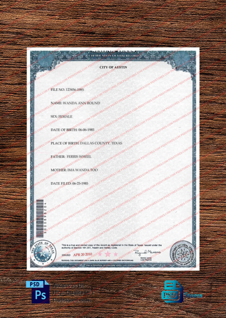 City Of Austin Birth Certificate Template (V2) - PSD Stores