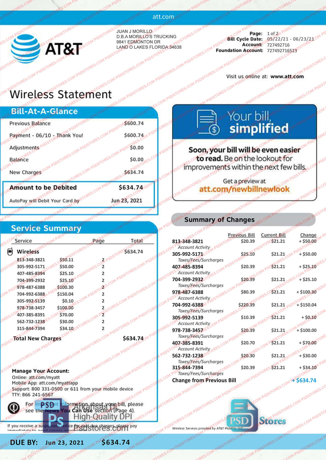 ATT Bill Template PSD Stores ATT Bill Template PSD Stores